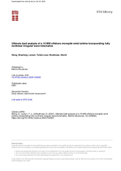 Pdf Ultimate Load Analysis Of A 10 Mw Offshore Monopile Wind Turbine