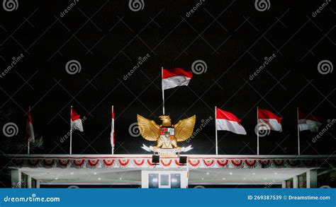 Indonesian Flag Flutters Above Residential Entrance Stock Image Image Of Lighting Poster