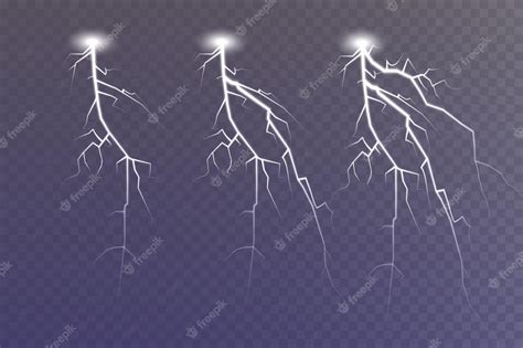 번개 마법과 밝은 조명 효과 세트 번개와 구름 벡터 일러스트와 함께 뇌우 방전 전류 충전 전류 자연 현상 프리미엄 벡터
