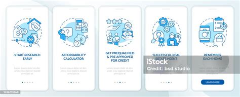 주택 구매 단계 파란색 온보딩 모바일 앱 화면 구매에 대한 스톡 벡터 아트 및 기타 이미지 구매 그래픽 사용자 인터페이스 디자인 Istock