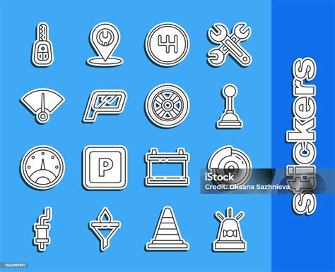 라인 점멸 사이렌 캘리퍼가 있는 자동차 브레이크 디스크 기어 시프터 거울 속도계 키 리모컨 및 휠 아이콘을 설정합니다 벡터