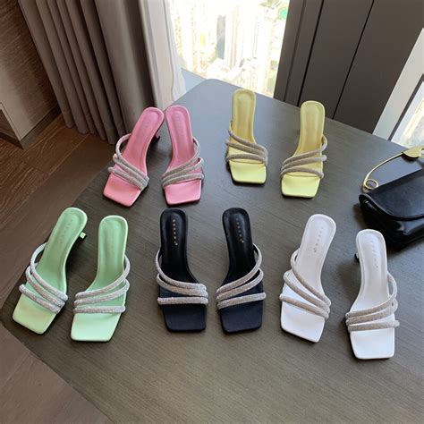 여성용 모조 다이아몬드 슬리퍼 슬립온 슬라이드 미드 힐 뮬 슈즈 크리스탈 샌들 2022 브랜드 슬리퍼 슬리퍼 Aliexpress