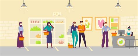 매장 라인에 있는 사람들은 사회적 거리를 유지합니다 슈퍼마켓에서 음식을 구입 하는 의료 얼굴 마스크를 착용 하는 남자와 여자 사회적 거리두기에 대한 스톡 벡터 아트 및 기타