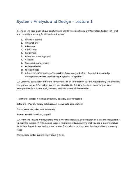 Systems Analysis And Design Workshop 1 Questions Part A In Class Systems Analysis And