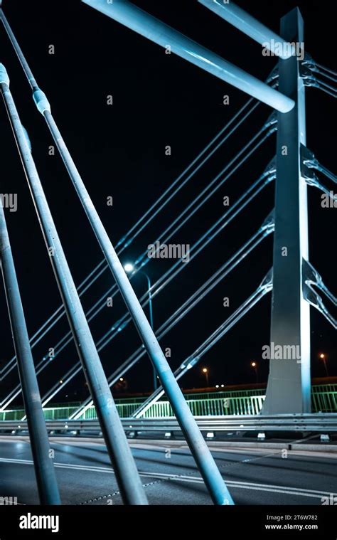 Modern Metal Cable Bridge Kaczorowskiego At Night Abstract Geometry
