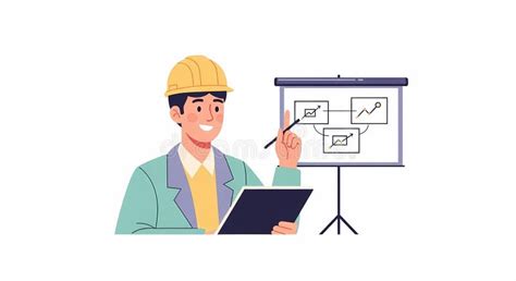 Engineer Presenting Flowchart On Whiteboard Holding Clipboard And Wearing Helmet Stock
