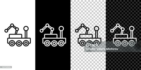 설정 라인 화성 로버 아이콘 은 흑백 투명 배경에 격리 우주 로버 문워커 사인 행성 표면을 연구하기위한 장치 벡터