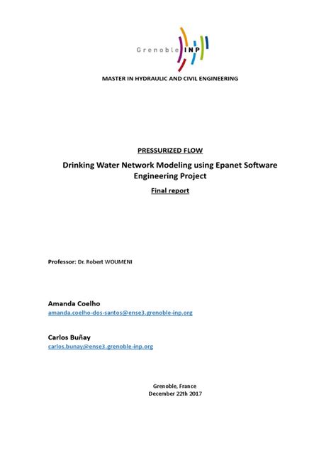 Drinking Water Network Modeling Using Epanet Software Engineering Project Pdf Pump Flow