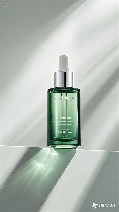 绿色瓶装精华，产品摄影，极简风格，浅色背景，高清细节，商业广告，柔和光线，奢华质感 31 花瓣网