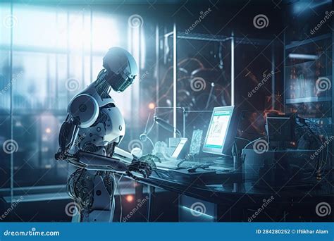 3d Rendering Humanoid Robot Working In Modern Office With Computer