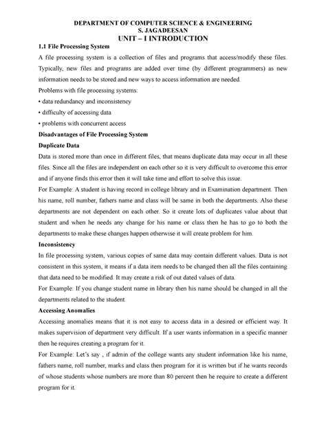 Unit I Dbms Database Management System Notes S Jagadeesan Unit I Introduction 1 File