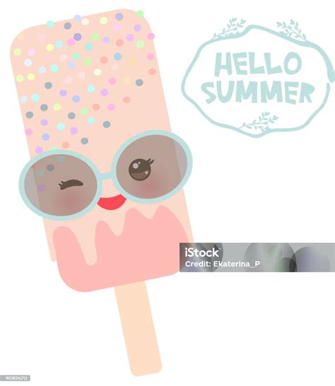 안녕하세요 여름 아이스크림 얼음 롤리 핑크 핑크 선글라스 뺨과 윙크와 함께 귀여운 눈 파스텔 색상 흰색 배경에 고립 벡터 냉동된에 대한 스톡 벡터 아트 및 기타 이미지