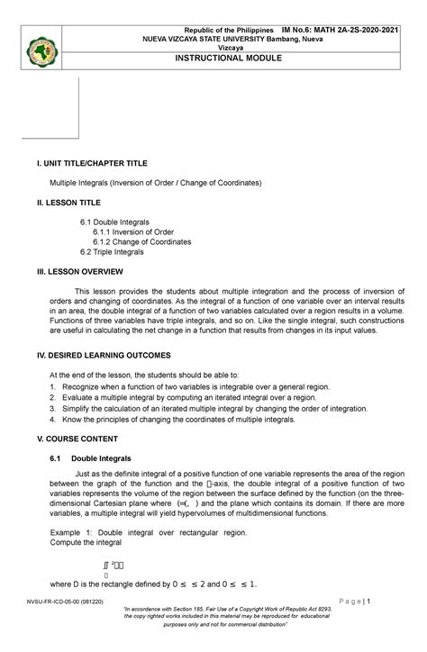 Integral Calculus Im6 I Unit Titlechapter Title Multiple Integrals