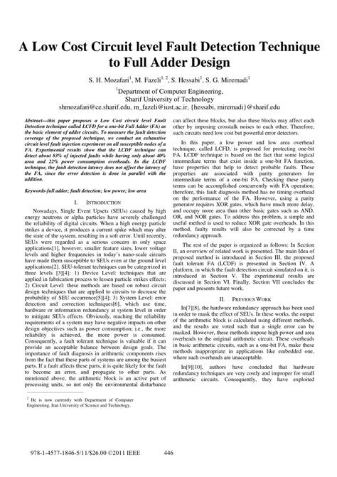 Pdf A Low Cost Circuit Level Fault Detection Technique To Full Adder Design