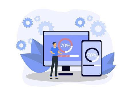 Premium Vector Flat Illustration Of Boy Uploading App On Laptop And Mobile Screen With 70 Of