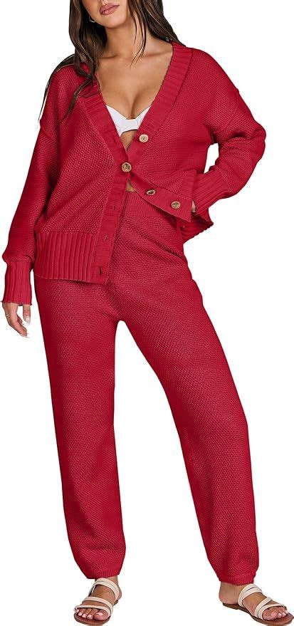 Anrabess Women 2 Piece Outfits Long Sleeve Cardigan Sweater Sets Casual