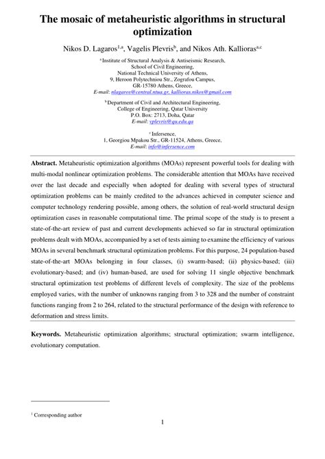 Pdf The Mosaic Of Metaheuristic Algorithms In Structural Optimization