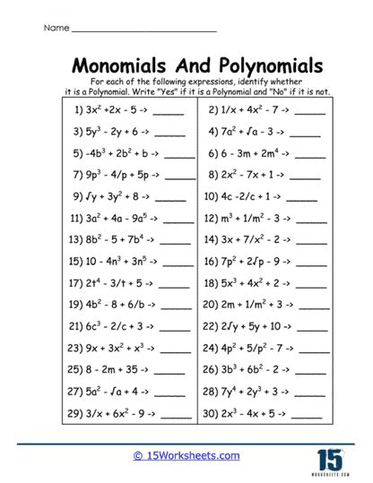 Monomials And Polynomials Worksheets 15