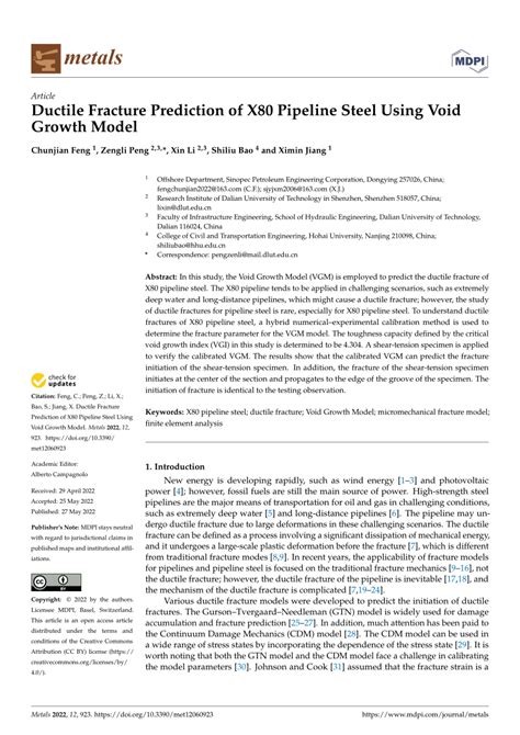 Pdf Ductile Fracture Prediction Of X80 Pipeline Steel Using Void Growth Model