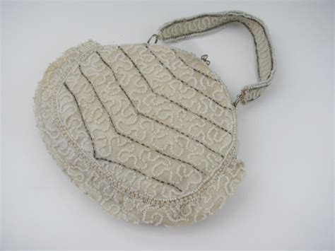 Vintage 1930s White Beaded Purse With Beaded Ruffle Edge Made In