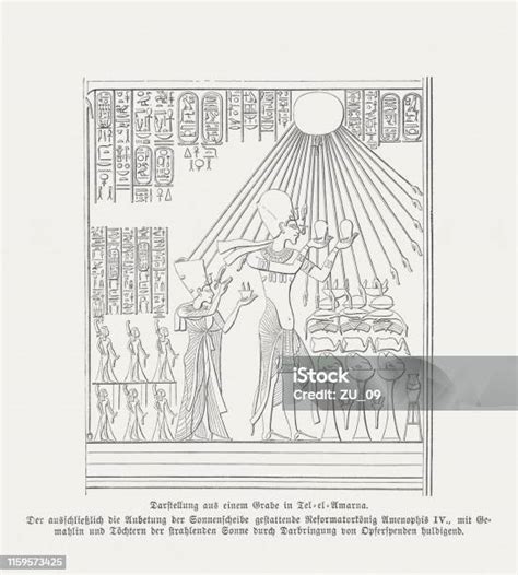 Akhenaten Dan Nefertiti Mengorbankan Aton Ukiran Kayu Diterbitkan Pada