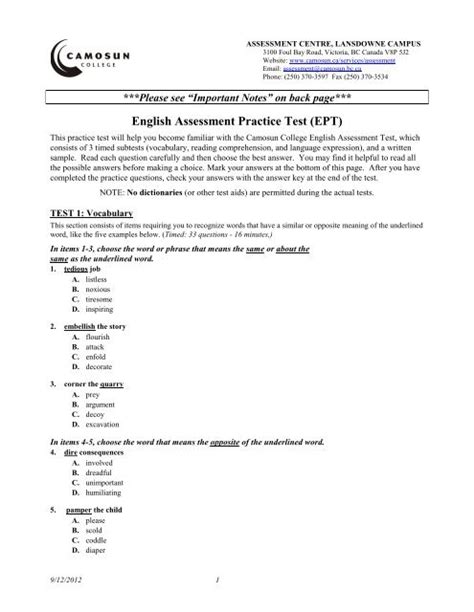 English Assessment Practice Test Camosun College