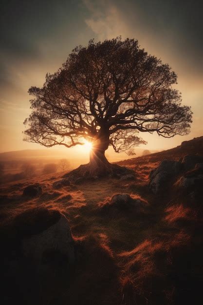 Premium AI Image A Tree In The Middle Of A Field With The Sun Shining Through It