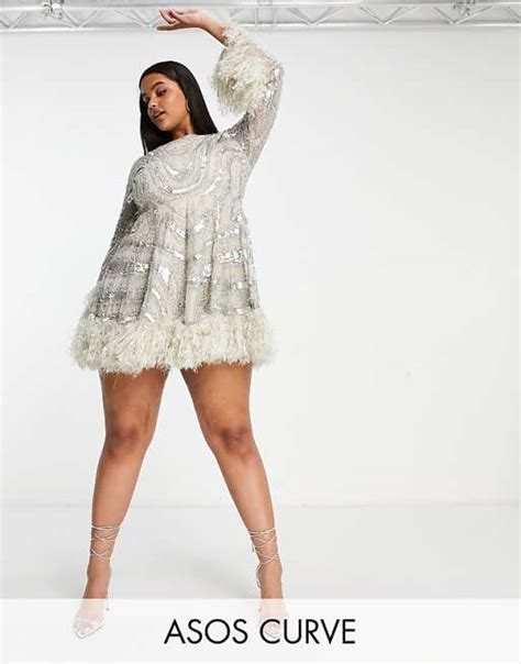 Asos Edition Curve Long Sleeve Embellished Waisted Mini Dress With Faux