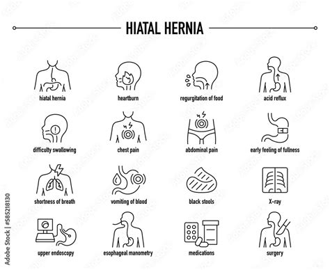 Hiatal Hernia Symptoms Diagnostic And Treatment Vector Icon Set Line Editable Medical Icons