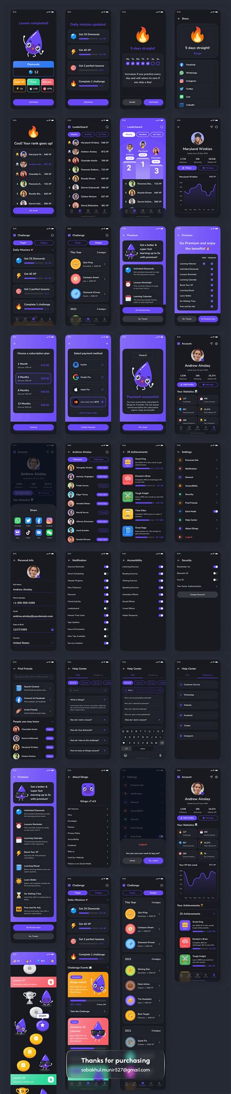 elingo language learning app ui kit behance