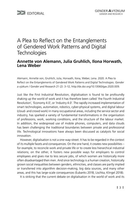 Pdf A Plea To Reflect On The Entanglements Of Gendered Work Patterns