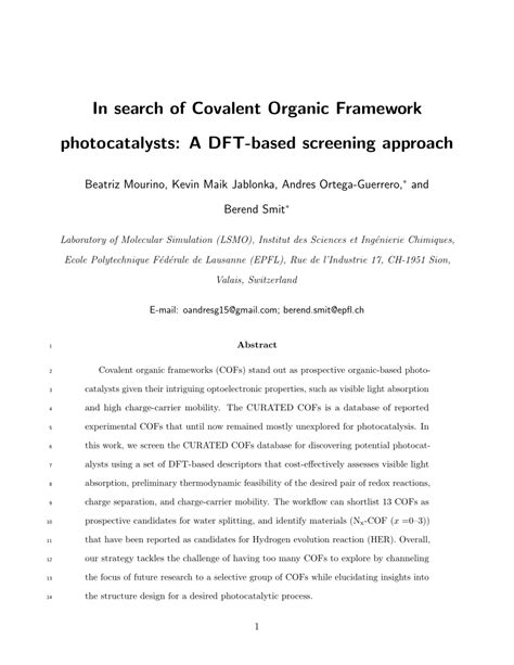 Pdf In Search Of Covalent Organic Framework Photocatalysts A Dft Based Screening Approach