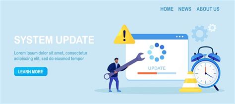 시스템 업데이트 운영 체제를 업그레이드하는 작은 프로그래머 소프트웨어 프로그램 및 응용 프로그램을 업데이트하는 It 전문가 기술적 오류 서비스 진행률 표시줄 및 알람 시계