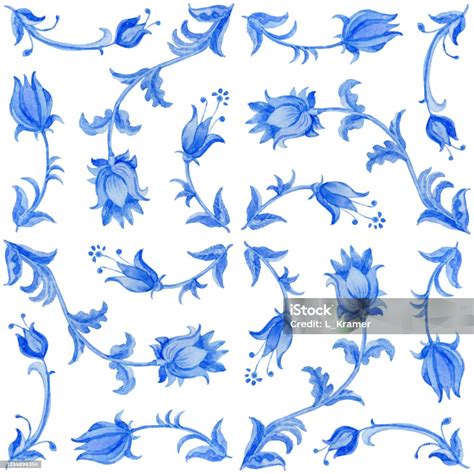 흰색 배경에 고립 된 인디고 블루 꽃 매끄러운 패턴을 그린 수채화 손으로 그린 바로크 꽃 나뭇잎 가지가 있는 타일 0명에 대한 스톡 벡터 아트 및 기타 이미지 Istock