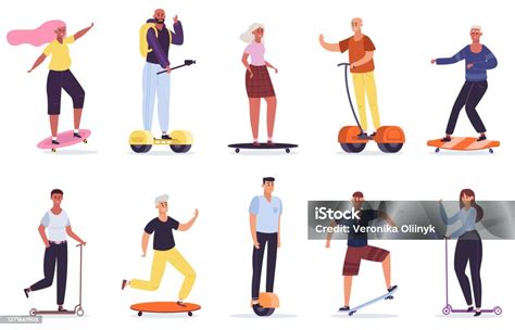 개인 차량을 가진 사람들 친환경 교통 장치 스케이트 보드를 타고 남자와 여자 킥 스쿠터와 세그웨이 벡터 일러스트 세트 남자에 대한 스톡 벡터 아트 및 기타 이미지 Istock
