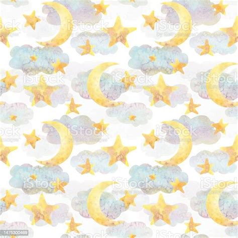 흰색 배경에 구름 속에 별이 있는 달 수채화 그림입니다 Bamboo 컬렉션의 매끄러운 패턴 직물 직물 벽지 포장지의 장식 및 디자인 0명에 대한 스톡 벡터 아트 및 기타