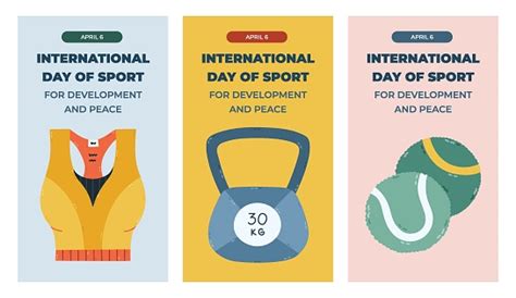 생생한 피트니스 운동 클립 아트와 함께 개발과 평화를 위한 국제 스포츠의 날을 위한 세로 트렌디한 이야기 세트 여성 스포츠 브래지어 케틀벨 테니스 공이 있는 소셜 미디어