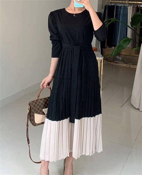 봄원피스 배색 플리츠 니트원피스 라운드넥 퍼프소매 벨트 롱원피스 커버업 통원피스 오버핏 몸매보정 데일리 오피스룩 결혼식 하객룩