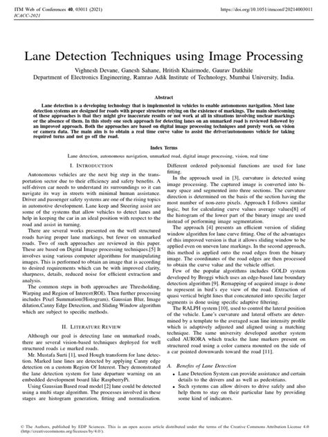 Lane Detection Techniques Using Image Processing Pdf