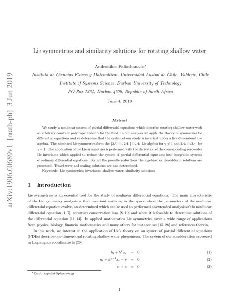 Pdf Lie Symmetries And Similarity Solutions For Rotating Shallow Water