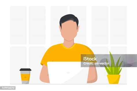 사무 및 원격 근무 프리랜서 컴퓨터 작업을 하는 젊은이 노트북을 들고 일하는 남자는 탁자 작업장에 앉아 일을 생각하고 있다 온라인 학습 교육 플랫 스타일의 벡터 그림 책상에