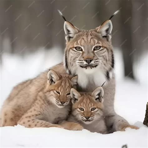 Premium Photo A Lynx Mother With Her Cubs In The Snow