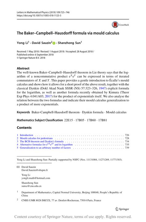 The Baker Campbell Hausdorff Formula Via Mould Calculus Request Pdf