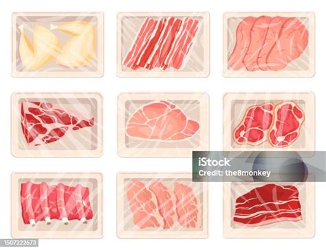 고기 포장 아이콘입니다 스테이크 햄 돼지고기 베이컨 소고기 양고기 플라스틱 트레이 정육점 카운터 용 제품 팩에 슈퍼마켓 음식 평면도 장식 벡터 그림 가금류에 대한 스톡 벡터