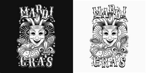 연극 코미디 얼굴 마스크 광대 할리퀸 모자와 엠블럼 전통 축제 마디 그라 음식 왕 케이크 텍스트 공작 깃털 뒤에 구슬 검정 백색 T셔츠 그래픽 Mardi Gras에 대한