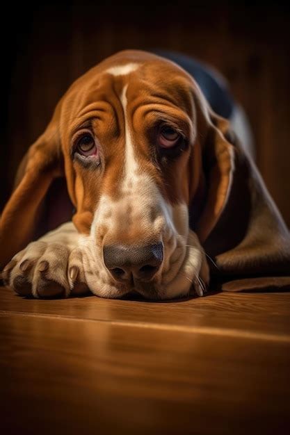 Premium Ai Image Portrait Of Cute Basset Hound Lying On Wooden Floor