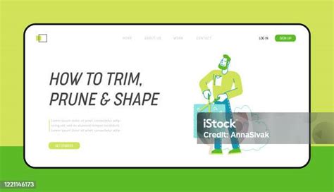 정원 방문 페이지 템플릿에서 워커 남성 캐릭터 트리밍 부시 가위와 함께 자두 관목을 작업 하는 과수원에서 남자 컷 울타리 농부 야드 워크 유지 보수 선형 벡터 일러스트레이션