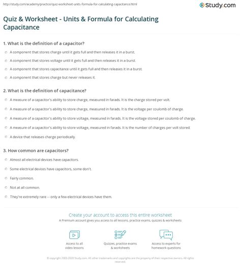 Quiz Worksheet Units Formula For Calculating Capacitance Study Com