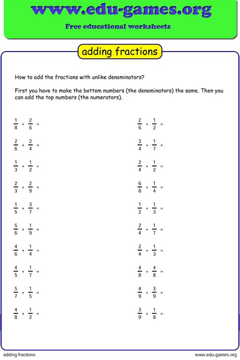 Adding Subtracting Unlike Fractions Worksheet