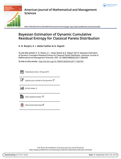 Pdf Bayesian Estimation Of Dynamic Cumulative Residual Entropy For Classical Pareto Distribution